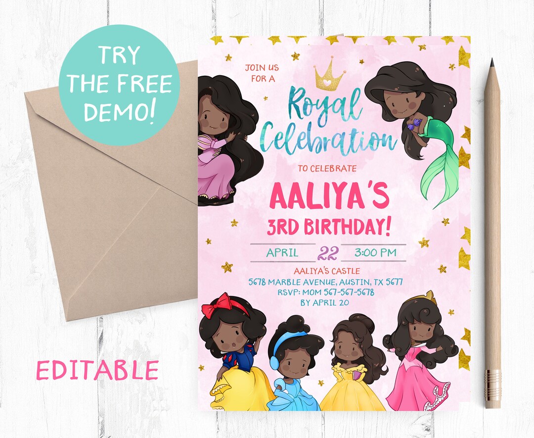 Black Princesses Invitation, Black Princess Birthday Invitations, Black ...