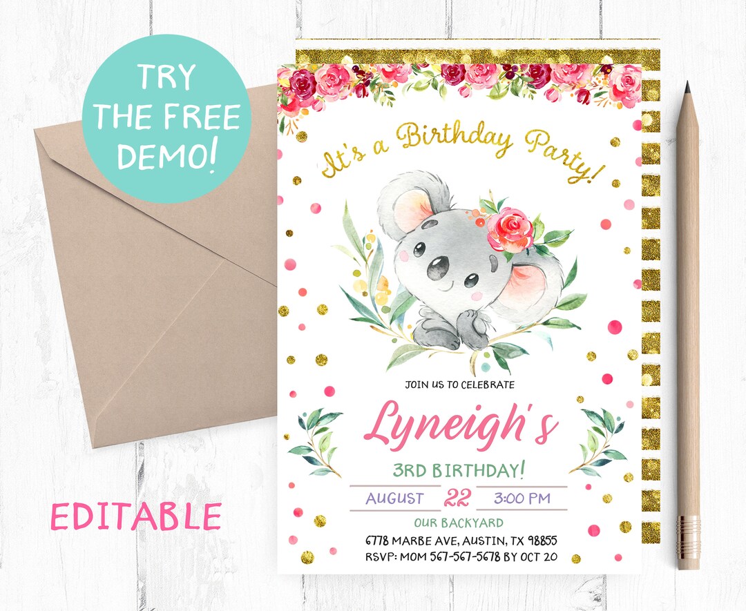 Koala Birthday Invitation, Koala Birthday Party Invitations, Koala ...