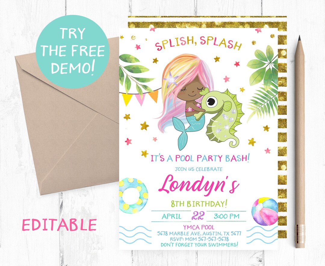 Brown Mermaid Pool Party Invitation, Mermaid Pool Party Invitations ...