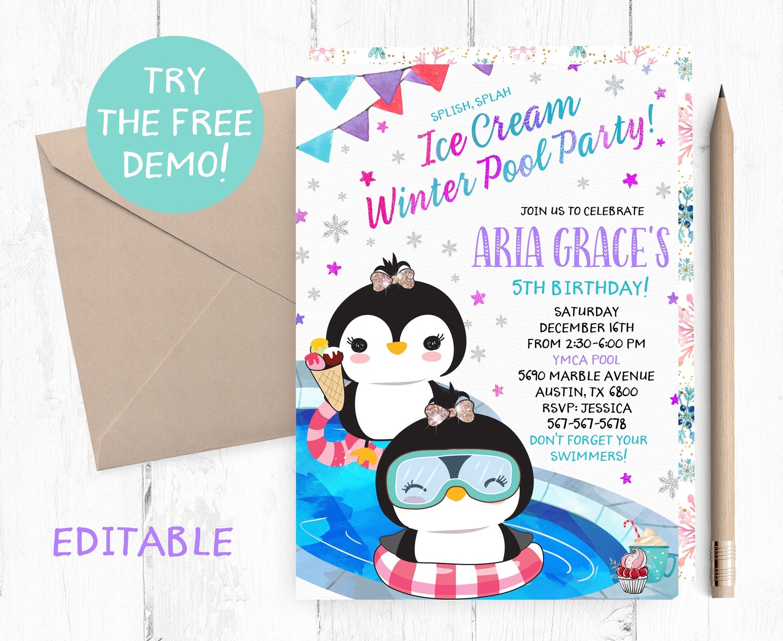 Editable Winter Pool Party Bash Winter Ice Cream Pool Party | Etsy