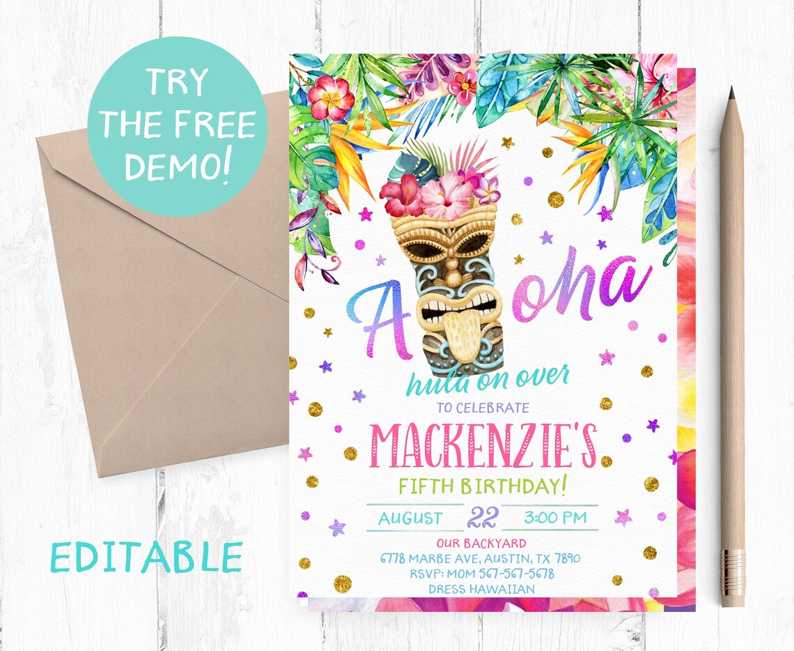 Editable Tiki Invitation, Tiki Editable Template, Aloha Tiki Invites ...