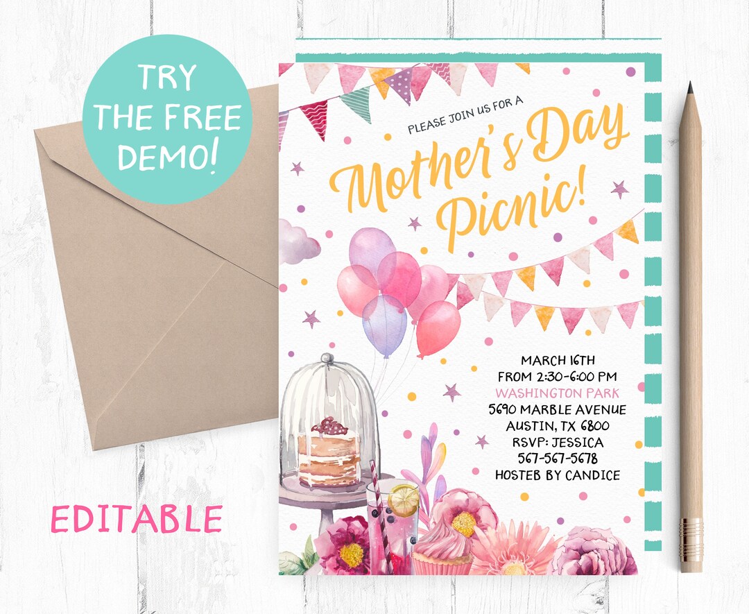 Editable Mother's Day Picnic Invitation, Park Mother's Day Party ...