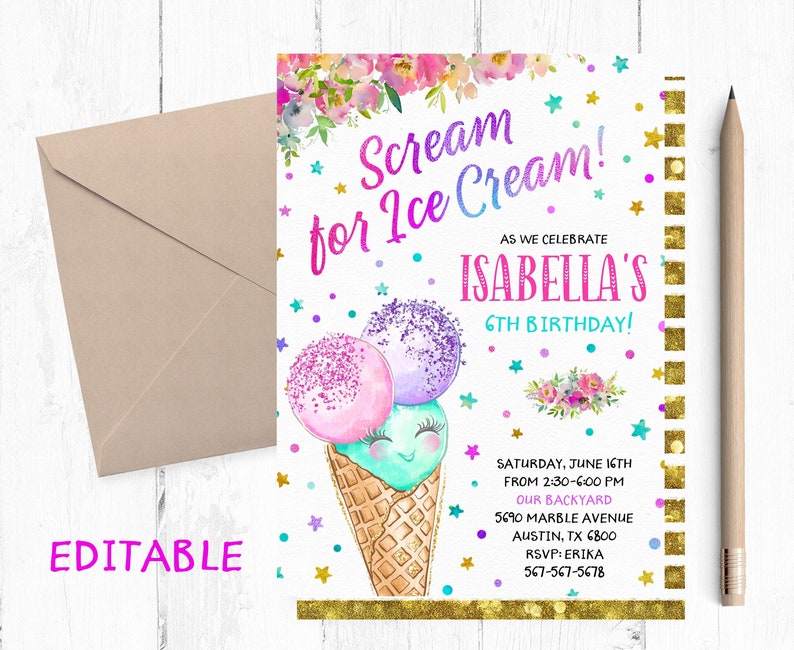 Editable Scream for Ice Cream Invitation, Scream for Ice Cream Template ...