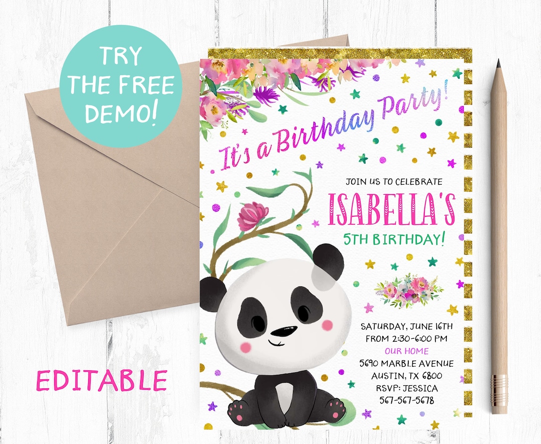 Editable Panda Invitation, Panda Editable Template, Panda Invitations ...