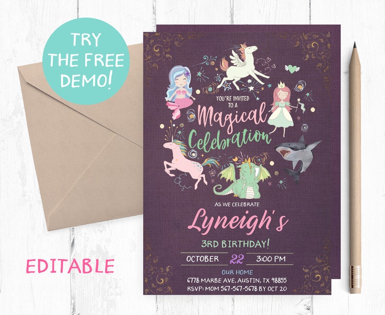 Editable Magical Celebration Invitation, Magical Royal Party Invitation ...