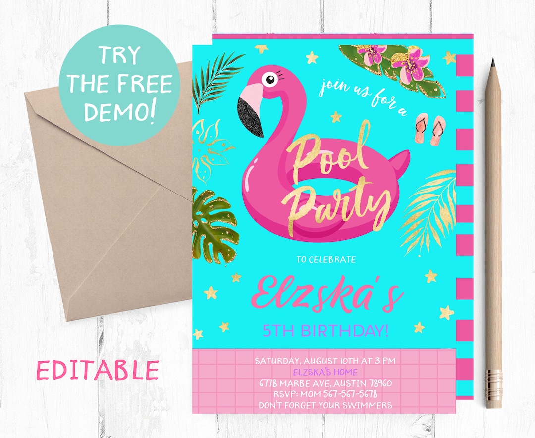 Inflatable Flamingo Pool Party Invitation, Flamingo Pool Birthday Party ...