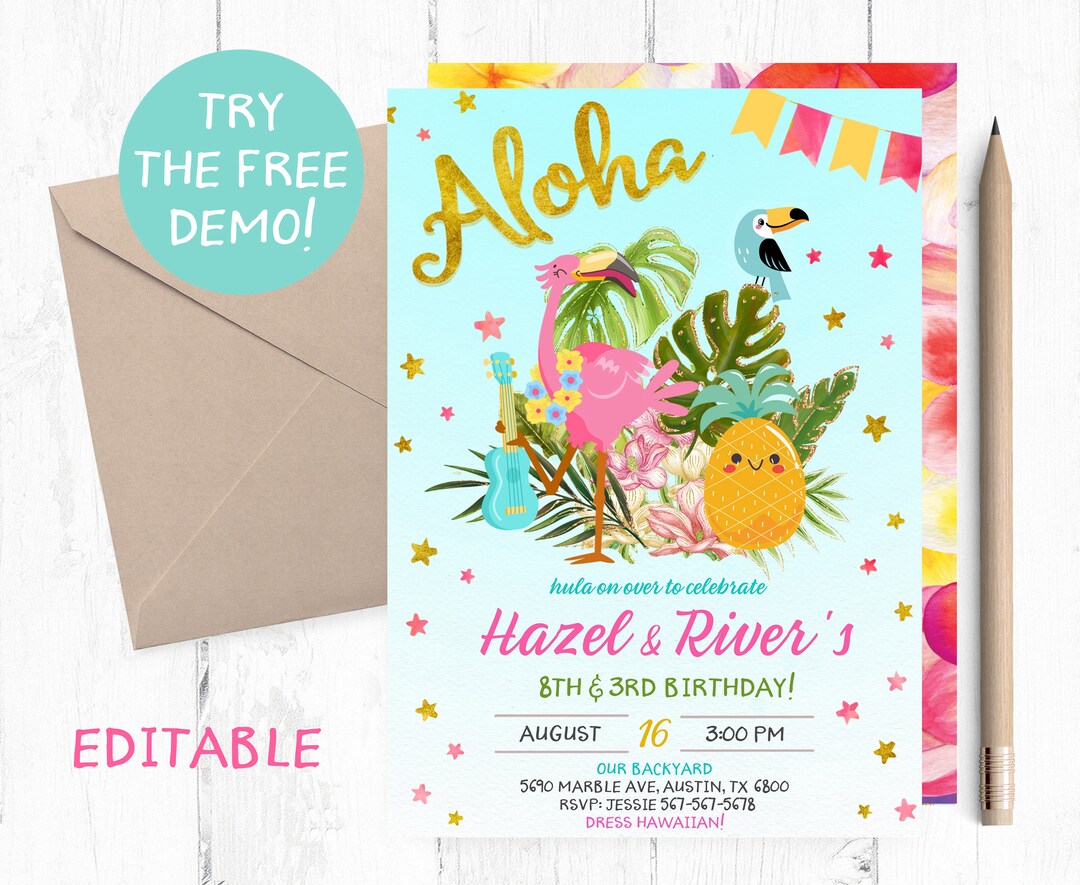 Flamingo Pineapple Joint Birthday Invitation, Luau Party (editable) - Etsy