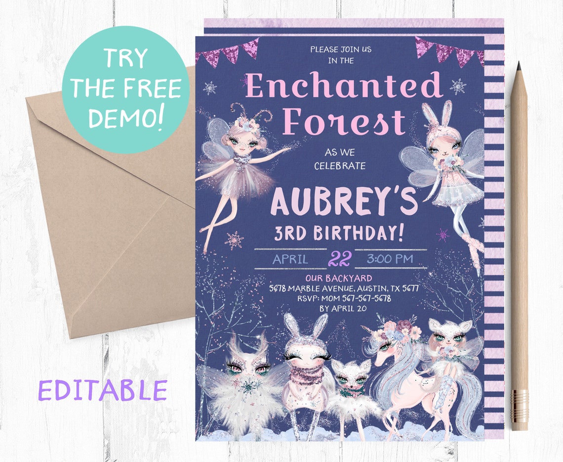 Winter Enchanted Forest Invitation, Winter Fairies Birthday Party ...