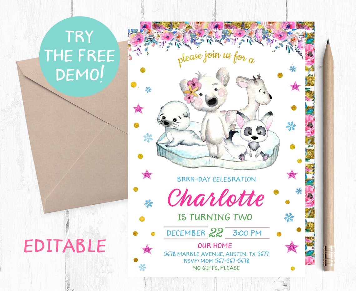 Arctic Animals Birthday Invitation, Arctic Animals Invitations Girl ...