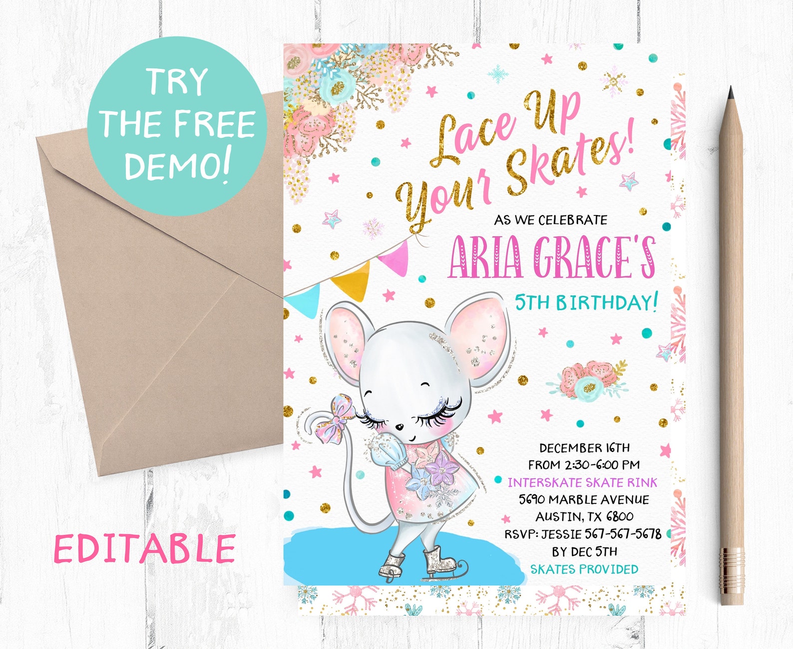 Editable Mouse Ice Skating Invitation Cute Mouse Ice Skating - Etsy