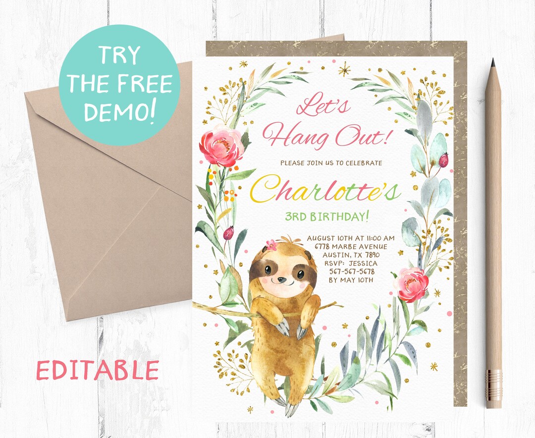 Editable Sloth Invitation, Let's Hang Out Sloth Birthday Party, Hang ...