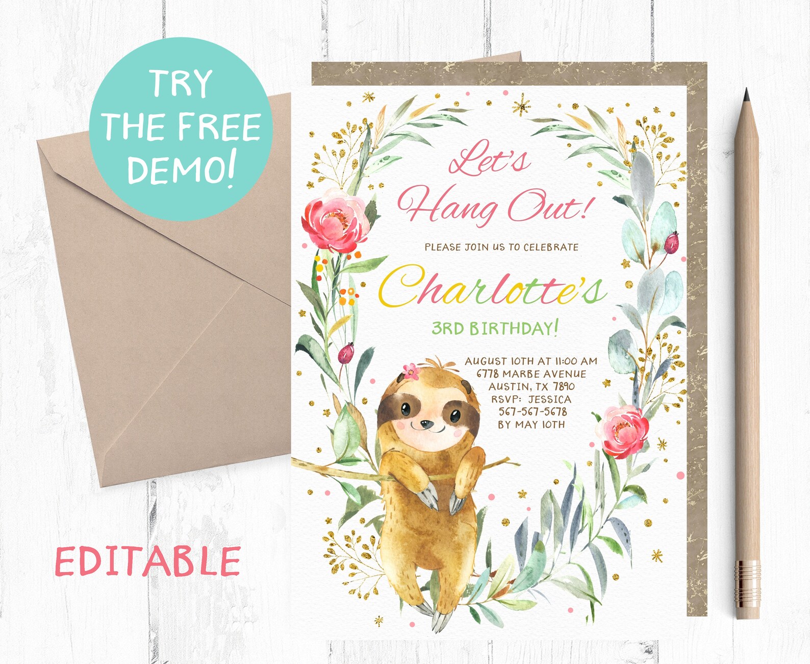 Editable Sloth Invitation Let's Hang Out Sloth Birthday | Etsy