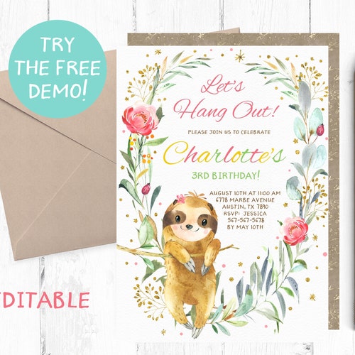 Editable Sloth Invitation Let's Hang Out Sloth Birthday - Etsy