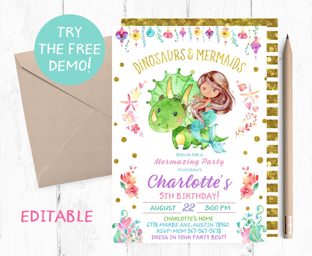 Black Mermaids and Dinosaurs Invitation, Black Mermaid Dinosaur ...