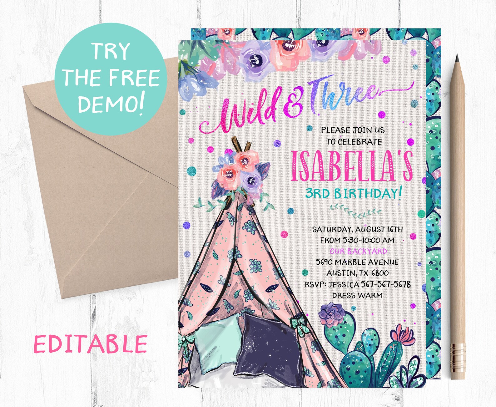 Wild and Three Birthday Invitation Wild and Three Girl | Etsy