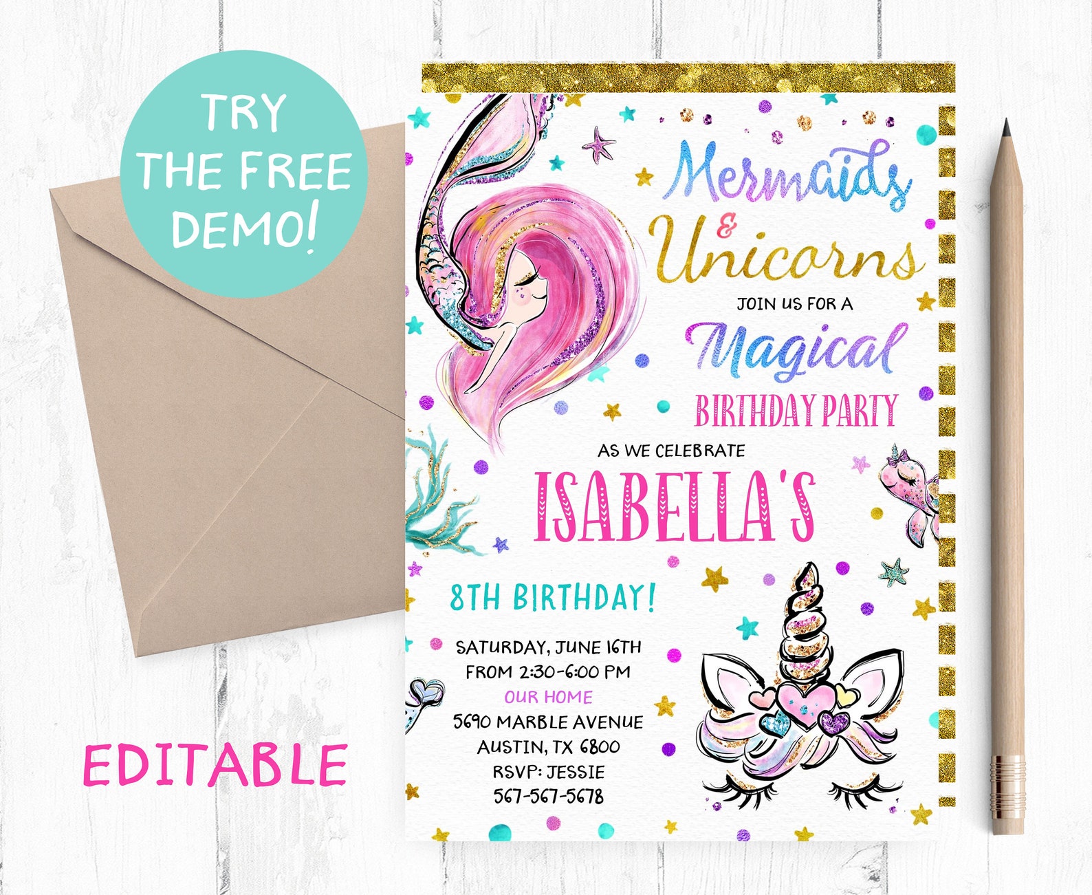 Editable Mermaids Unicorns Invitation Mermaids Unicorns - Etsy