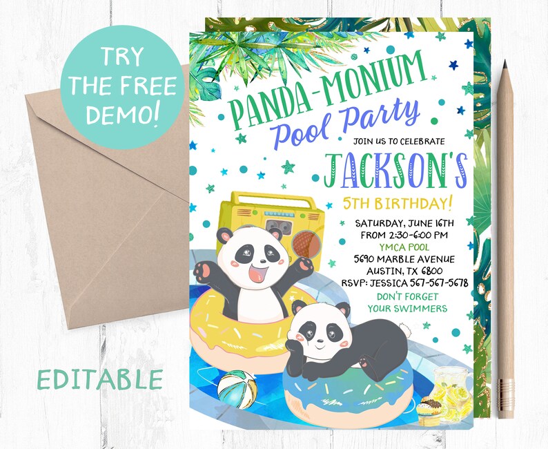 Editable Panda Pool Birthday Invitation Template (5x7 Inch) - Etsy