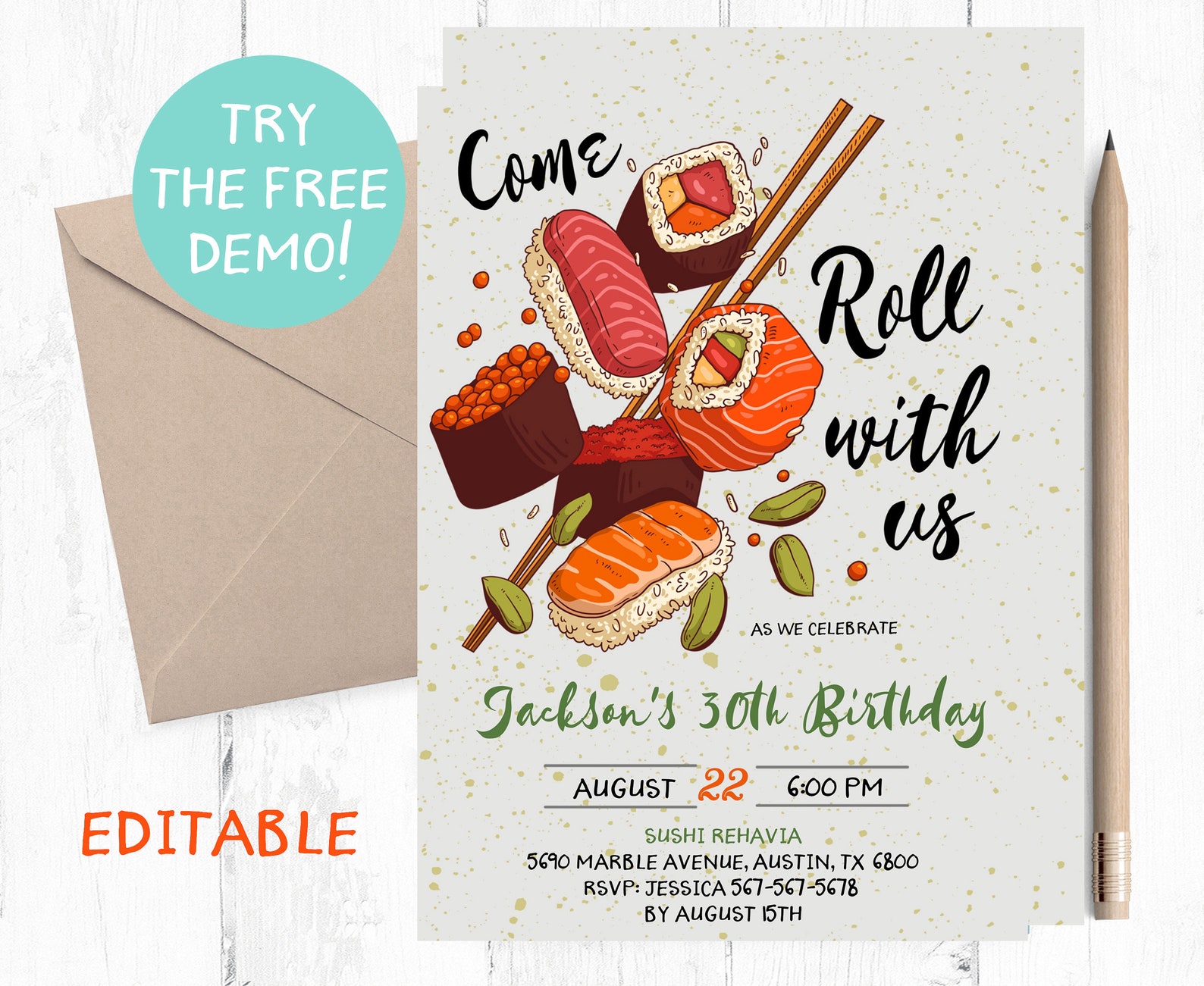 Editable Sushi Template, Sushi Editable Invitation, Sushi Party ...