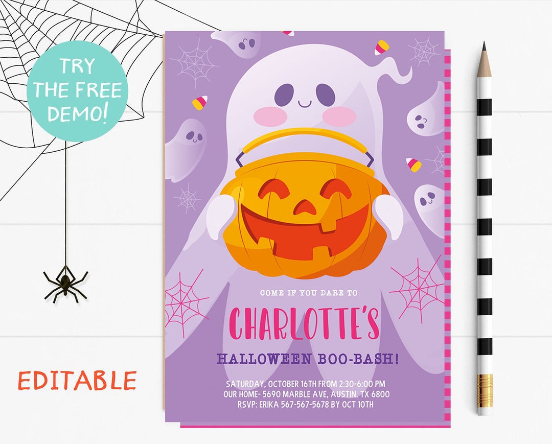 EDITABLE Halloween Girl Ghost Invitation, Cute Ghost Birthday Party ...