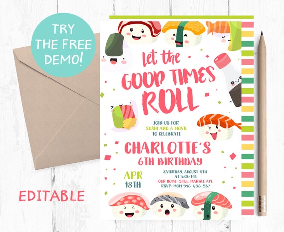 Sushi Invitation Editable Template Sushi Invitation Instant | Etsy