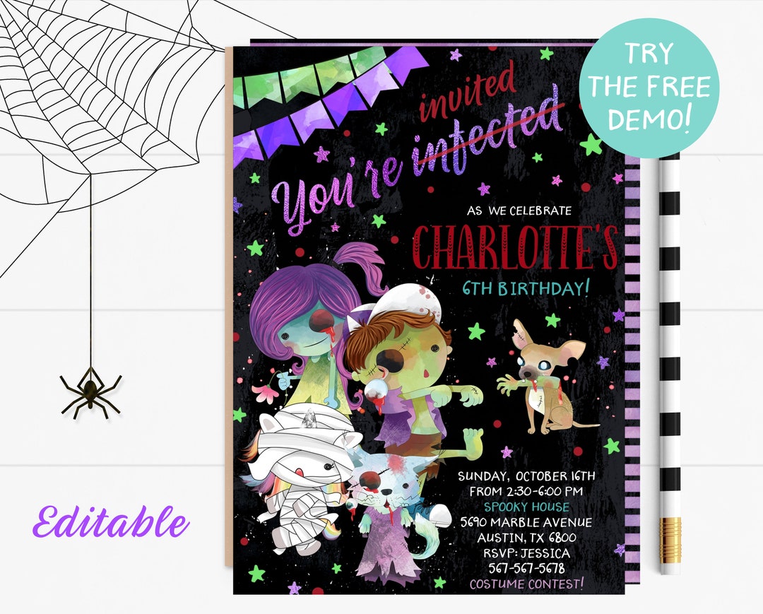 EDITABLE Zombie Invitation, Halloween Zombie Birthday Party, Zombie ...