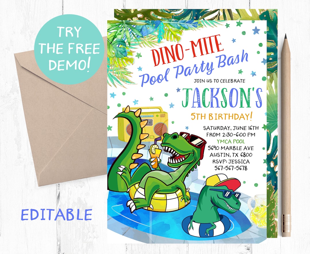 Editable Dinosaur Pool Invitation, Dino-mite Dinosaur Pool Party ...