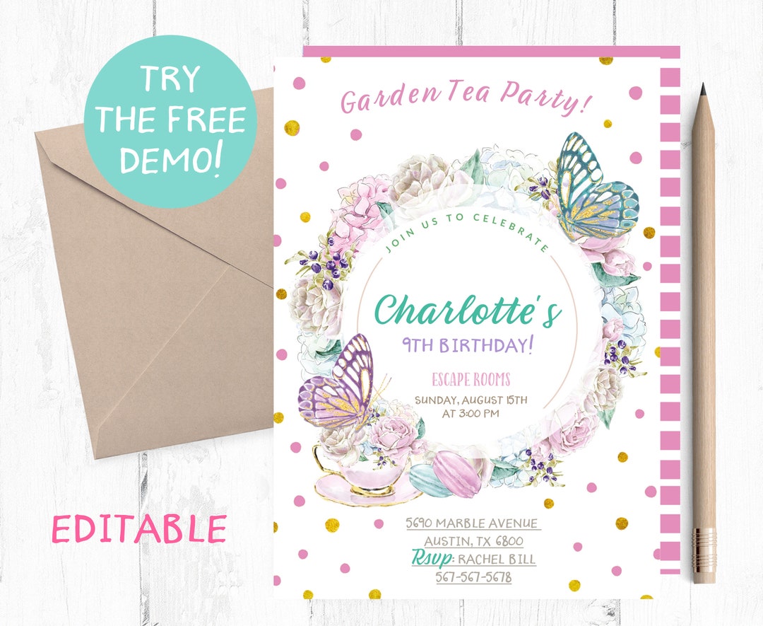 Butterfly Tea Party Invitation, Butterfly Garden Party Invitations ...