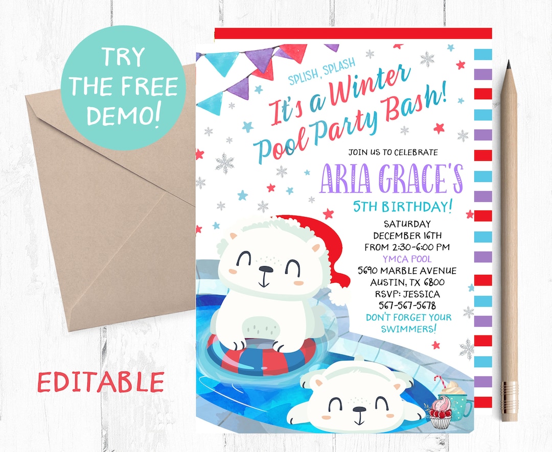 Editable Winter Pool Party Invitation, Polar Bear Pool Party Bash ...