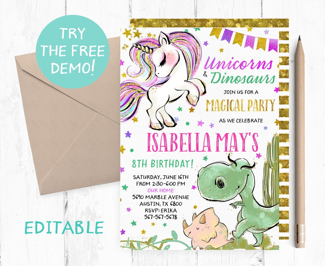 Editable Unicorns and Dinosaurs Birthday Invitation (5x7in, PDF) - Etsy