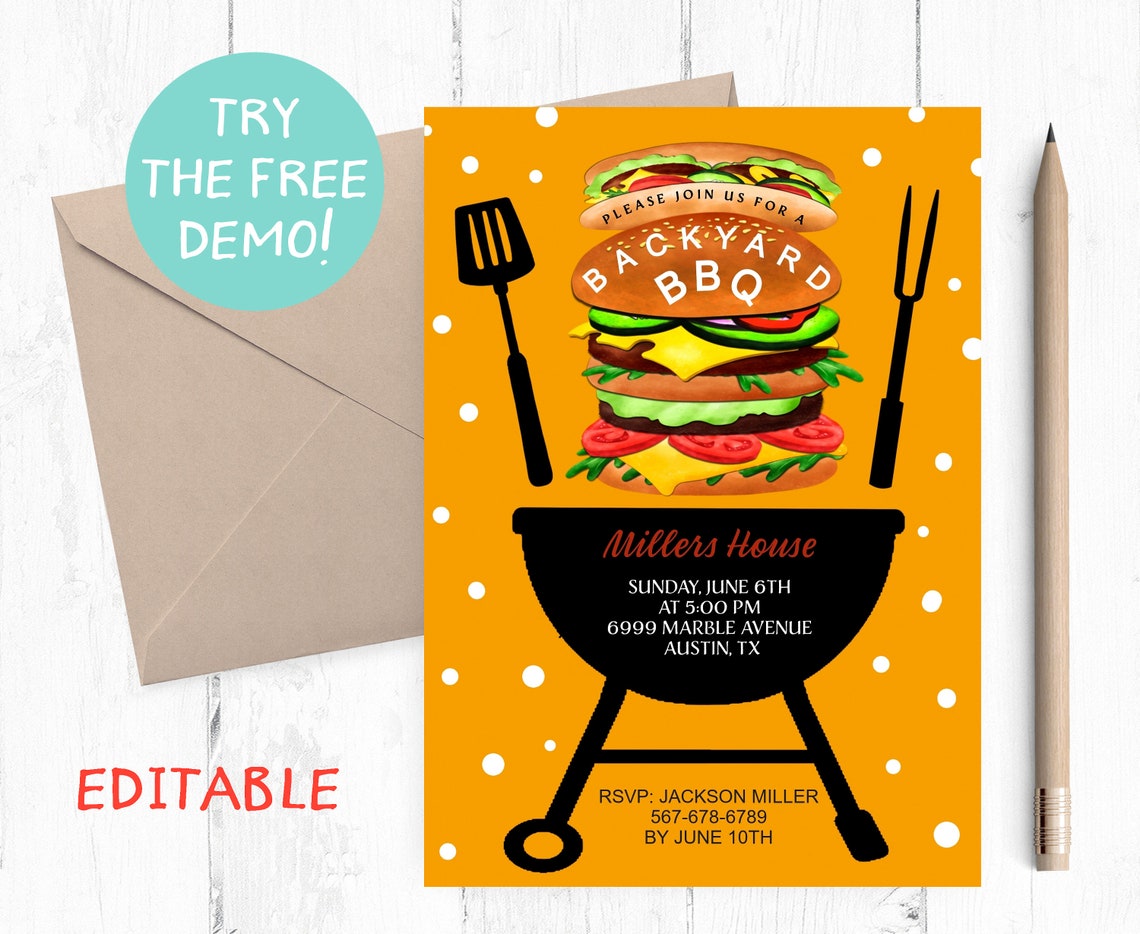 Editable BBQ Burger Party Invitation, Grilling Party Invitation, Grill ...
