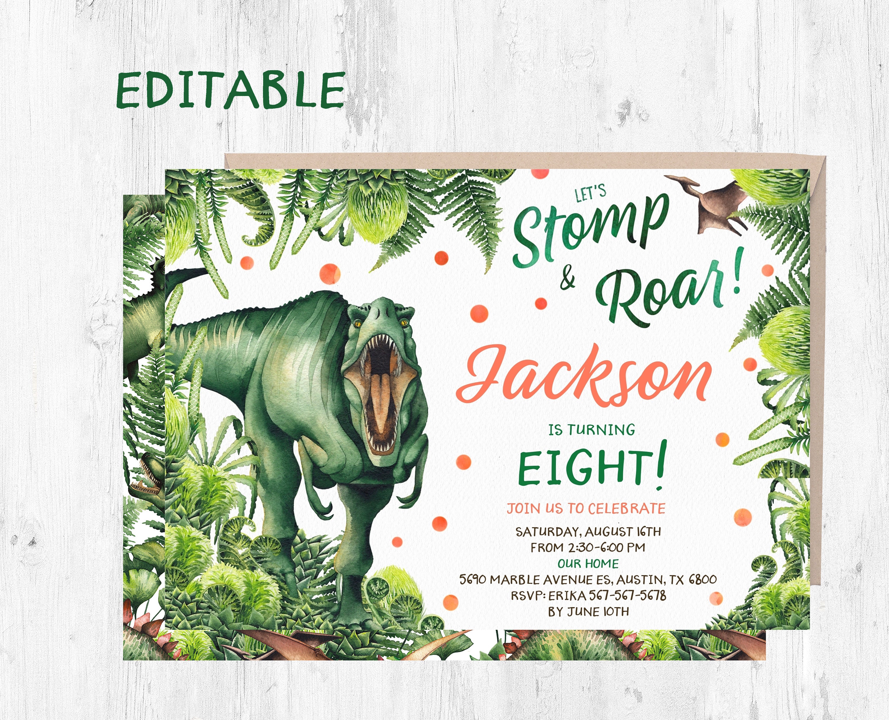 Editable T-rex Invitation, T-rex Birthday Party Invitation, T-rex ...