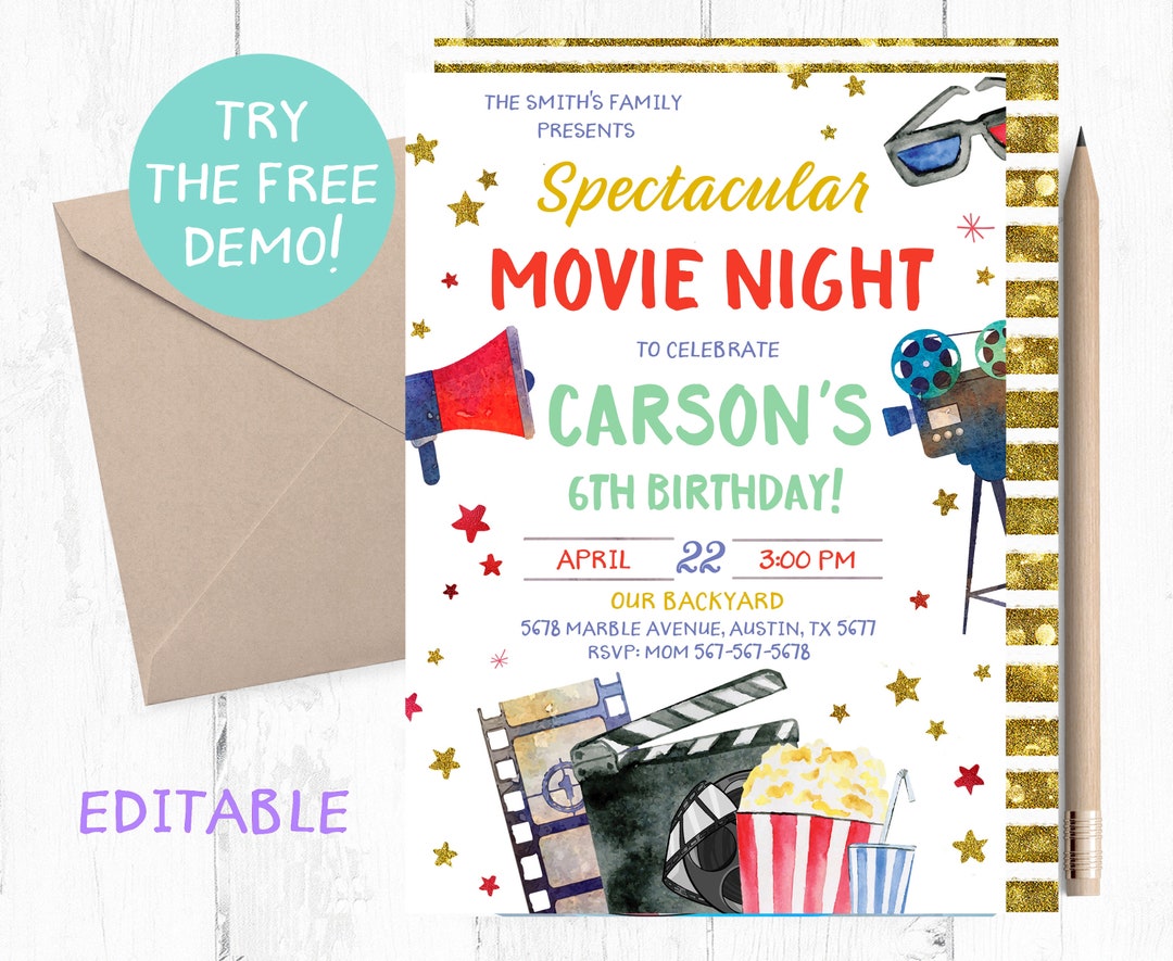 Movie Party Invitation, Movie Invitations Digital, Movie Invitation ...