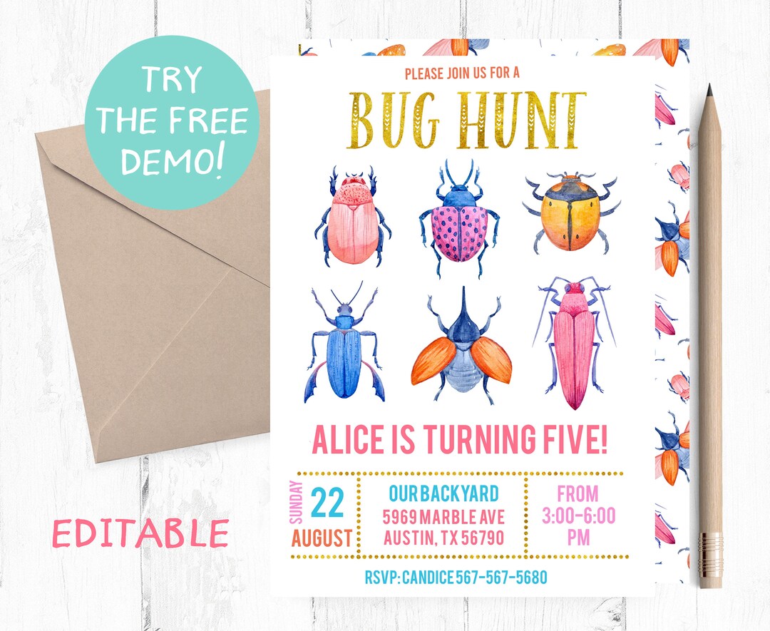 Bug Hunt Invitation Girl, Bug Hunt Invitations, Bug Hunt Birthday Party ...