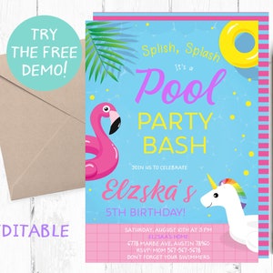 Rose Gold Pool Party Birthday Invitations, Rose Gold Pool Party Invites ...