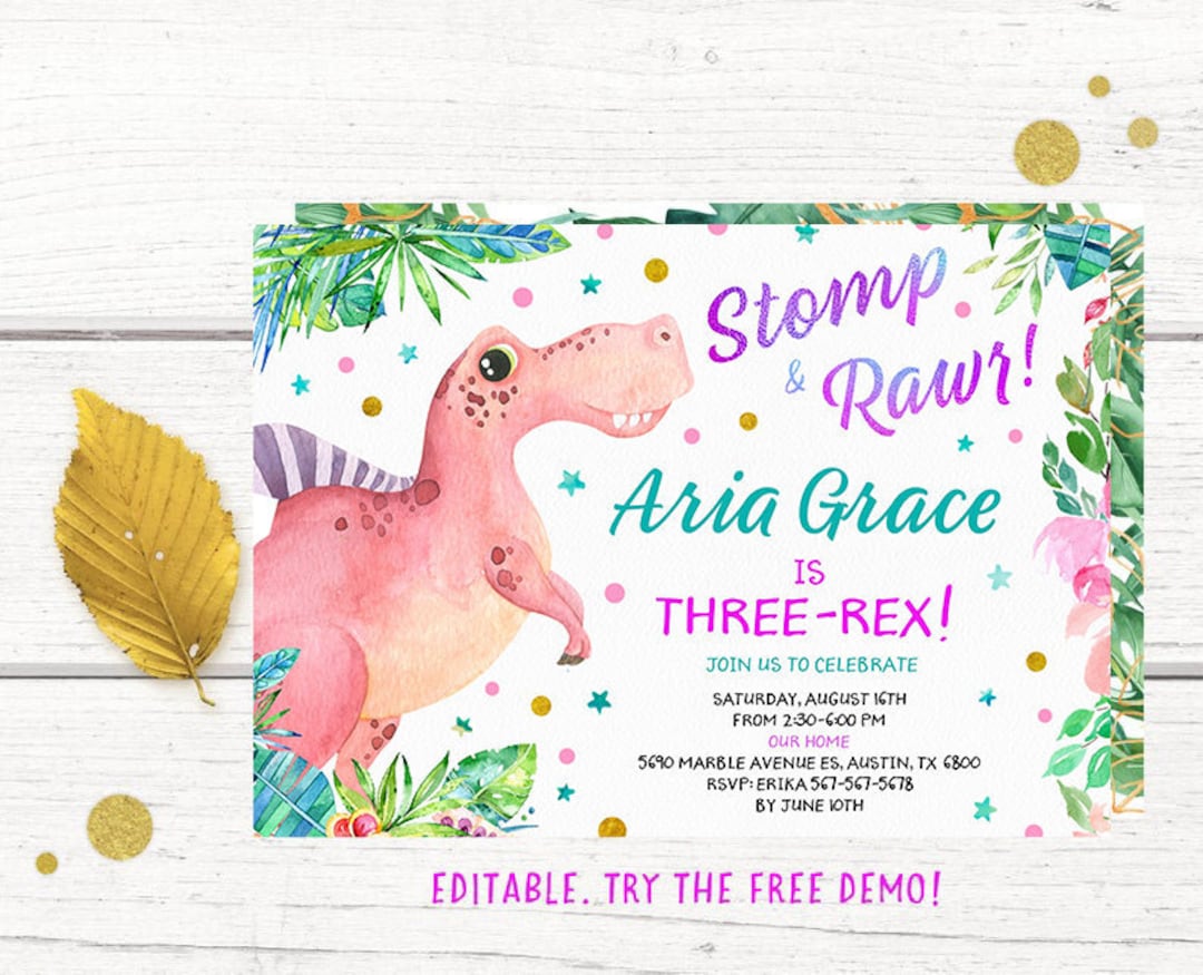 Editable Pink Three-rex Invitation, Three-rex Girl Invitation, Three ...