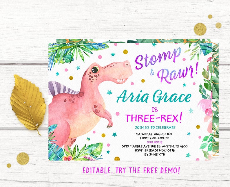 Editable Pink Three-rex Invitation Three-rex Girl Invitation | Etsy