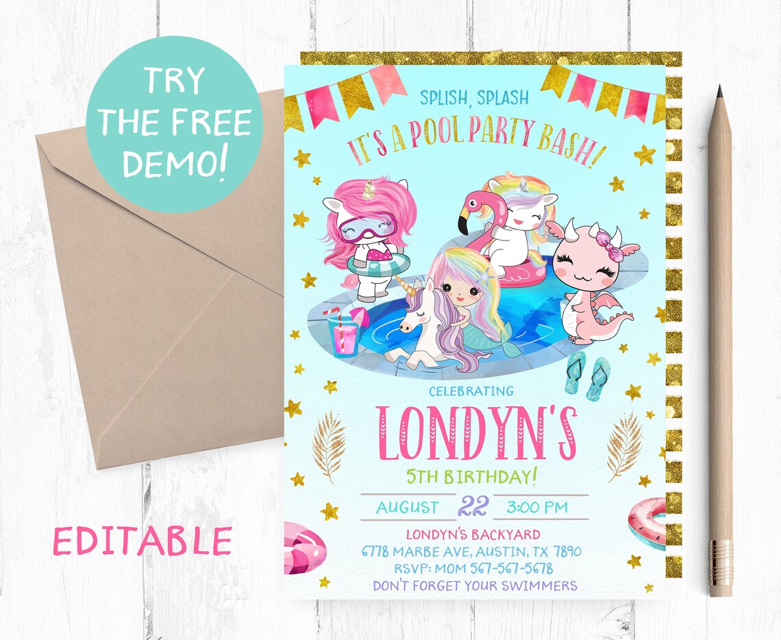 Mermaid Unicorn Dragon Pool Party Invitation (PDF) - Etsy