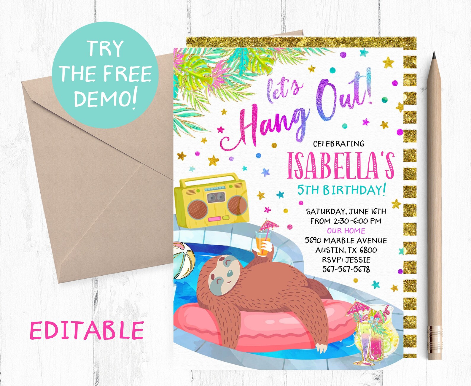 Editable Sloth Pool Party Template, Sloth Pool Party Invitation, Sloth ...