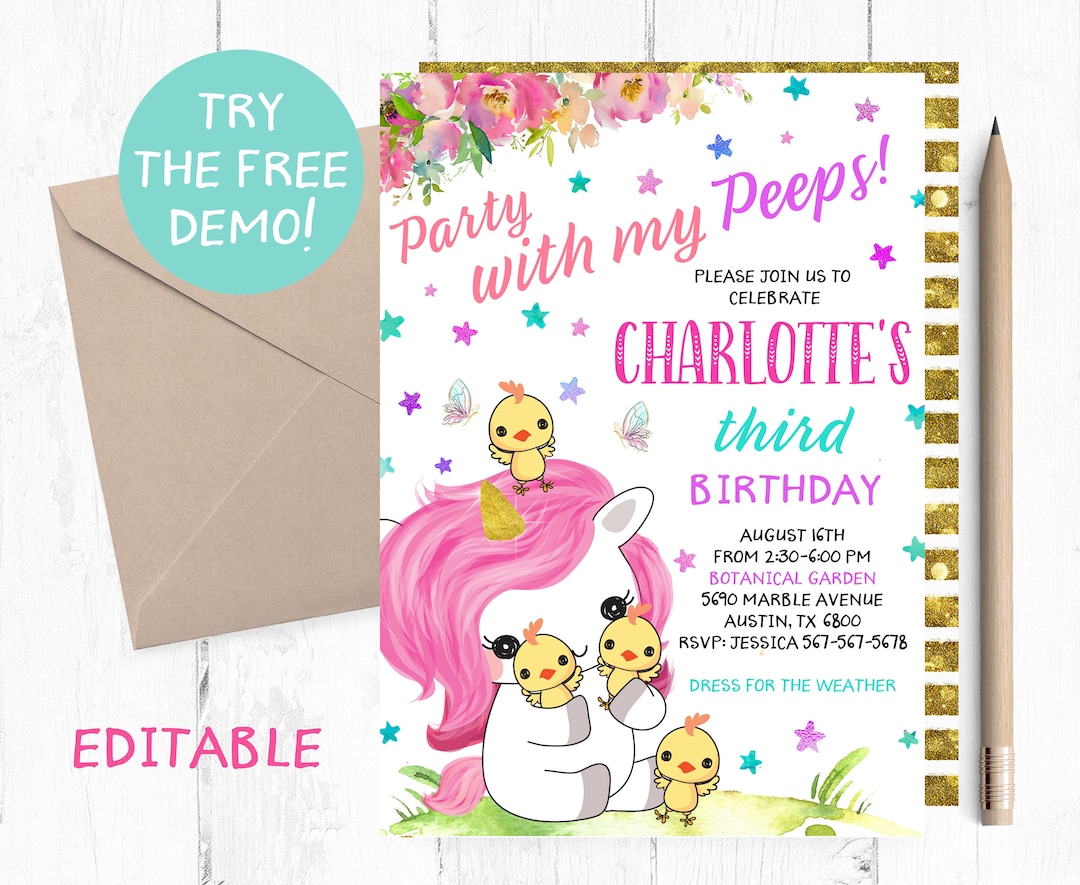 Peeps Bunny Invitation, Peeps Spring Birthday Party, Unicorn Peeps ...