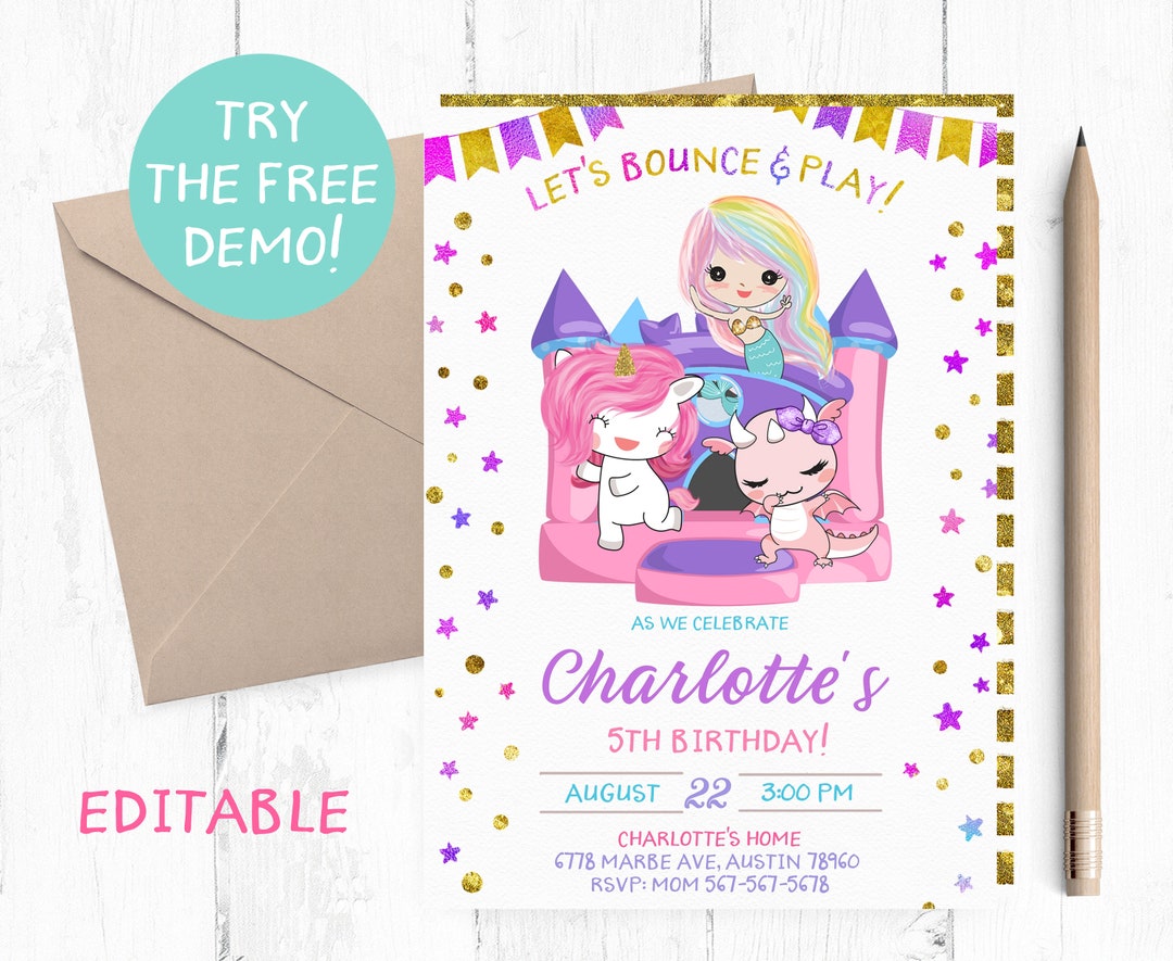 Bounce Party Invitation, Bounce House Birthday Invitation, Unicorn ...