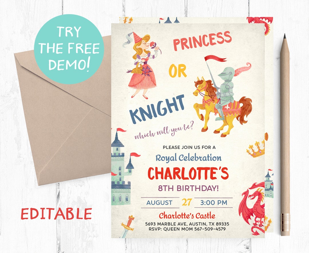 Princess and Knight Birthday Invitation, Princess Birthday Invitation ...