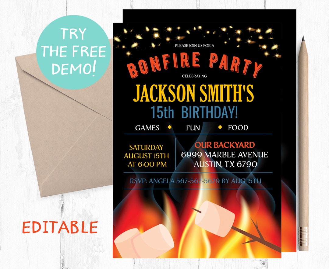 Bonfire Party Invitation, Editable Bonfire Template, Bonfire Editable ...