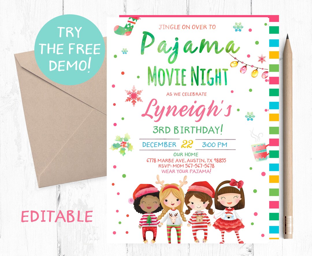 Christmas Pajama and Movie Night Invitation, Holiday Pajama Movie Night ...
