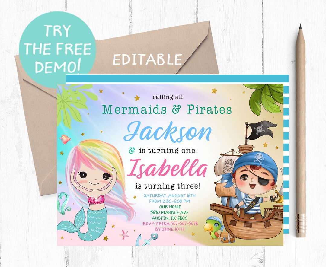Mermaid Pirate Editable Invitation, Mermaid or Pirate Editable Template ...