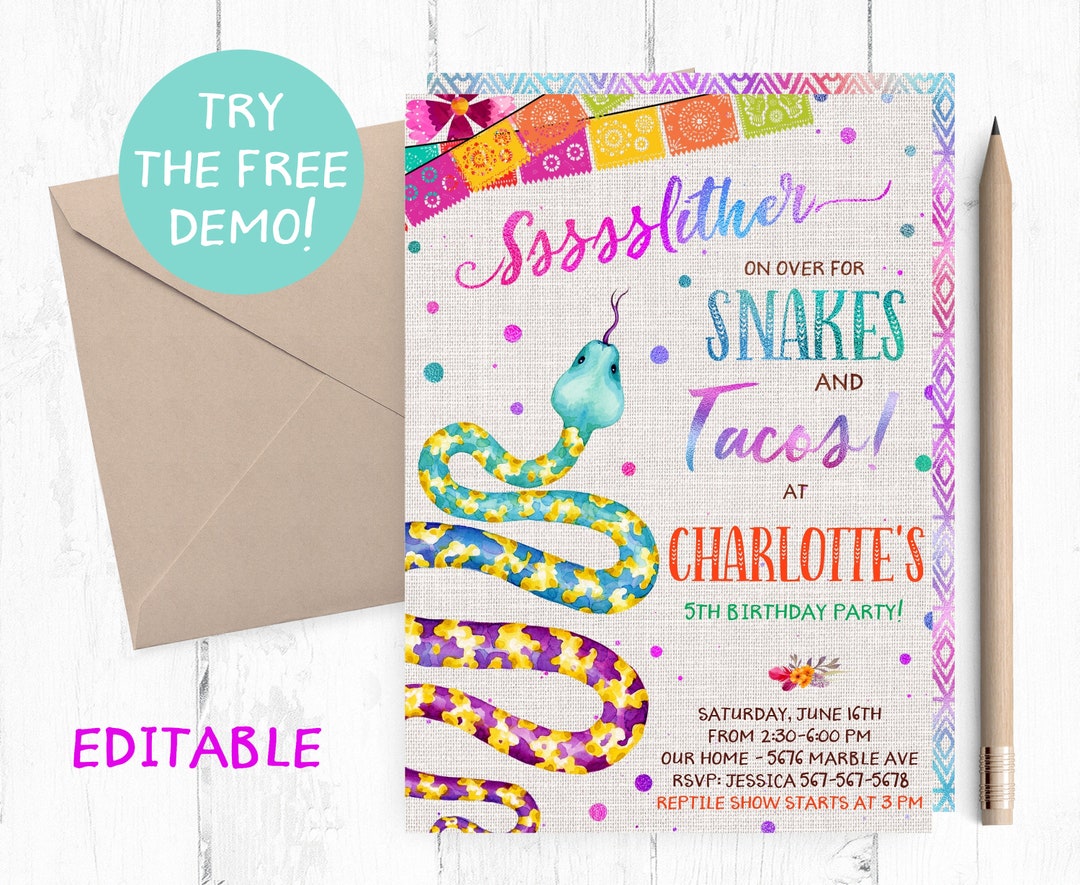 Editable Snakes and Tacos Invitation, Fiesta Reptile Birthday Party ...