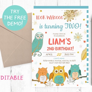 Editable Boy Owl Invitation, Look WHO is Turning Invitaiton, Owls ...