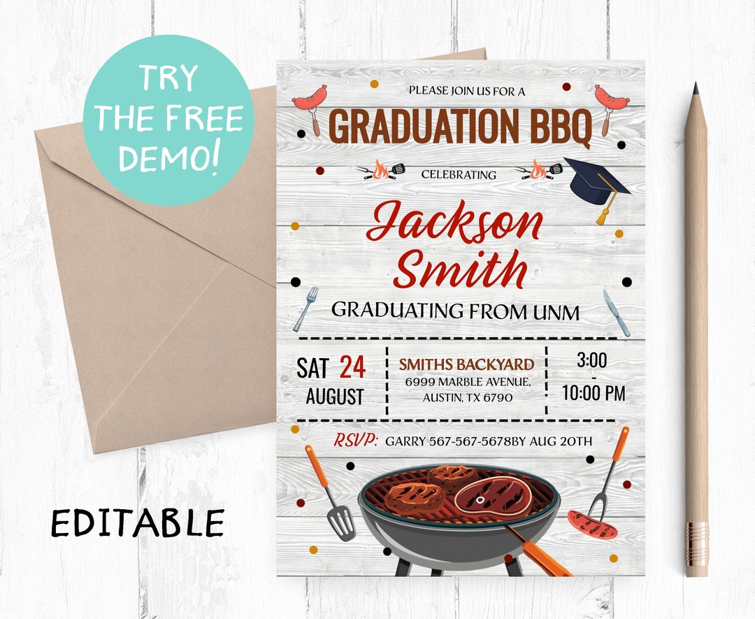 Editable Graduation BBQ Invitation, Grad BBQ Party Invitation, Grad BBQ ...