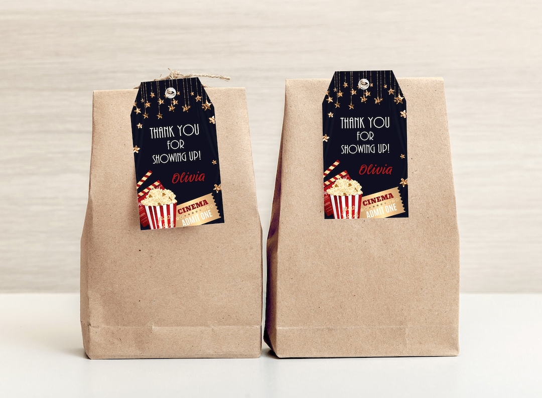 Movie Night Favor Bag Tags, Movie Night Thank You Card, Movie Night ...