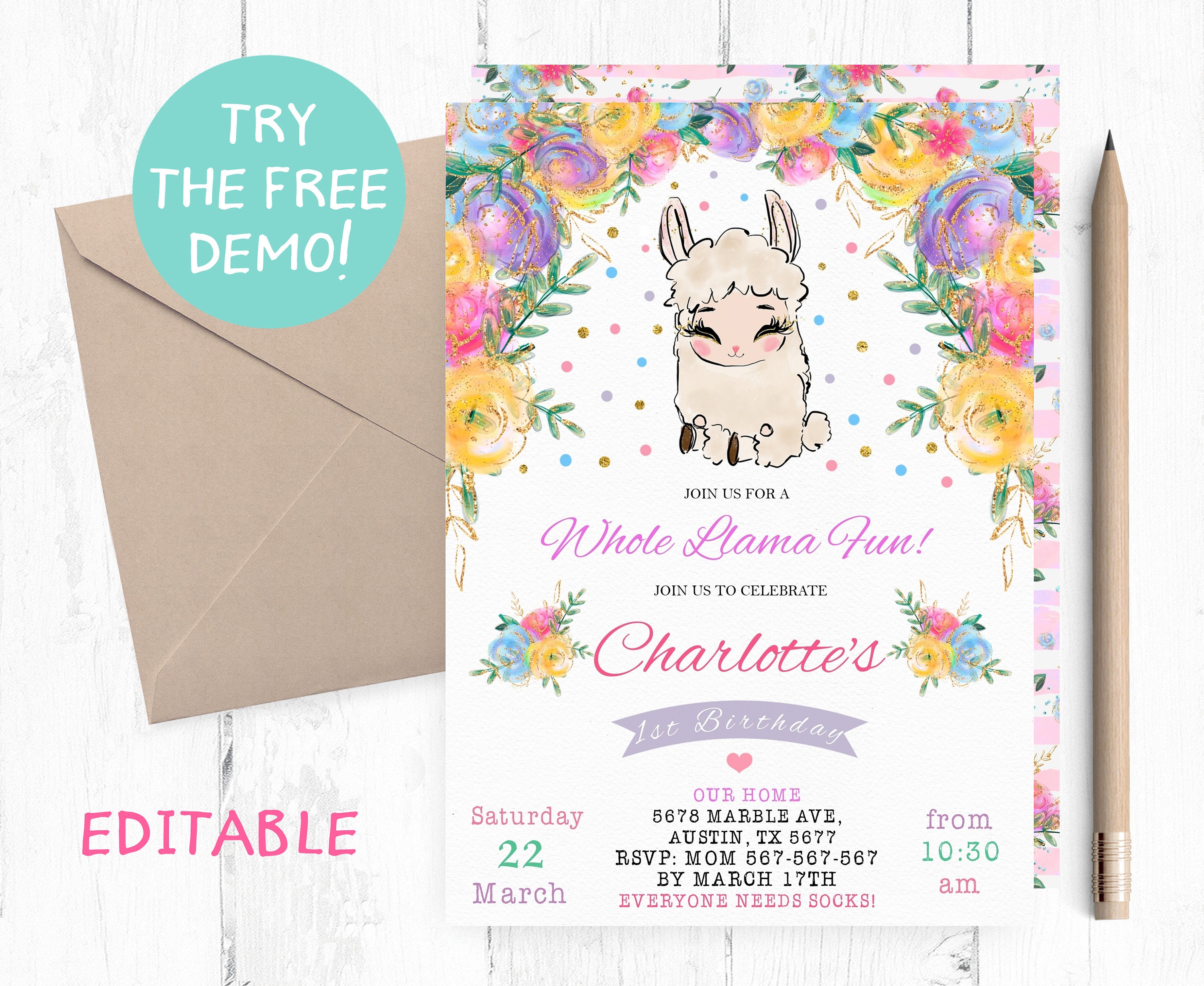 Editable Llama Birthday Invitation, Floral Party Invite (digital ...