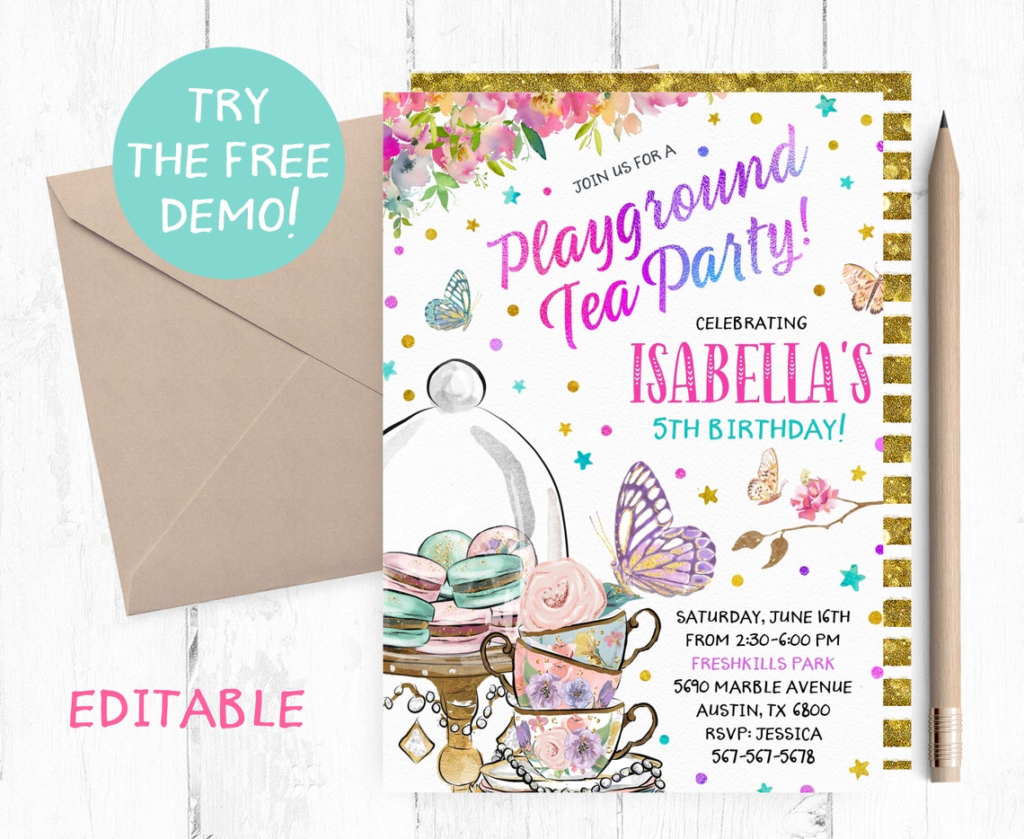 Editable Playground Tea Party Invitation, Butterflies Tea Party ...